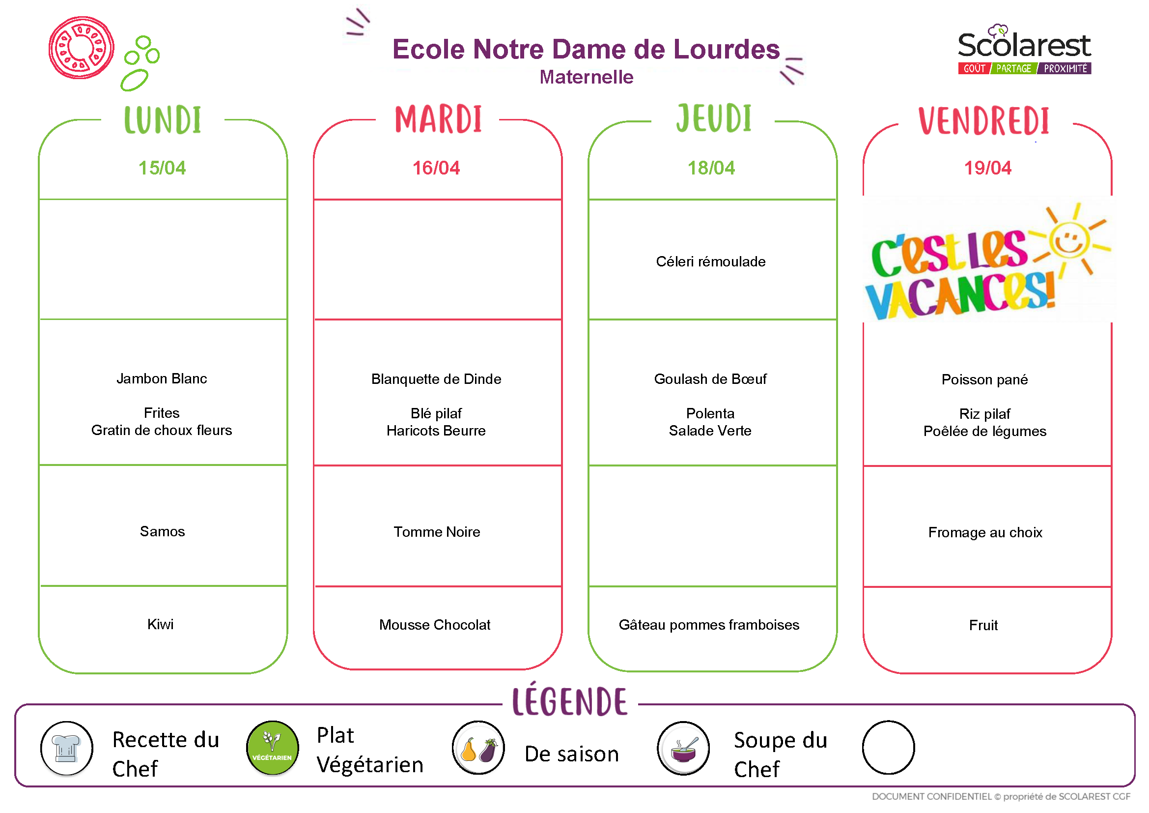 Menu de la cantine maternelle – Ecole Notre-Dame de Lourdes Nantes
