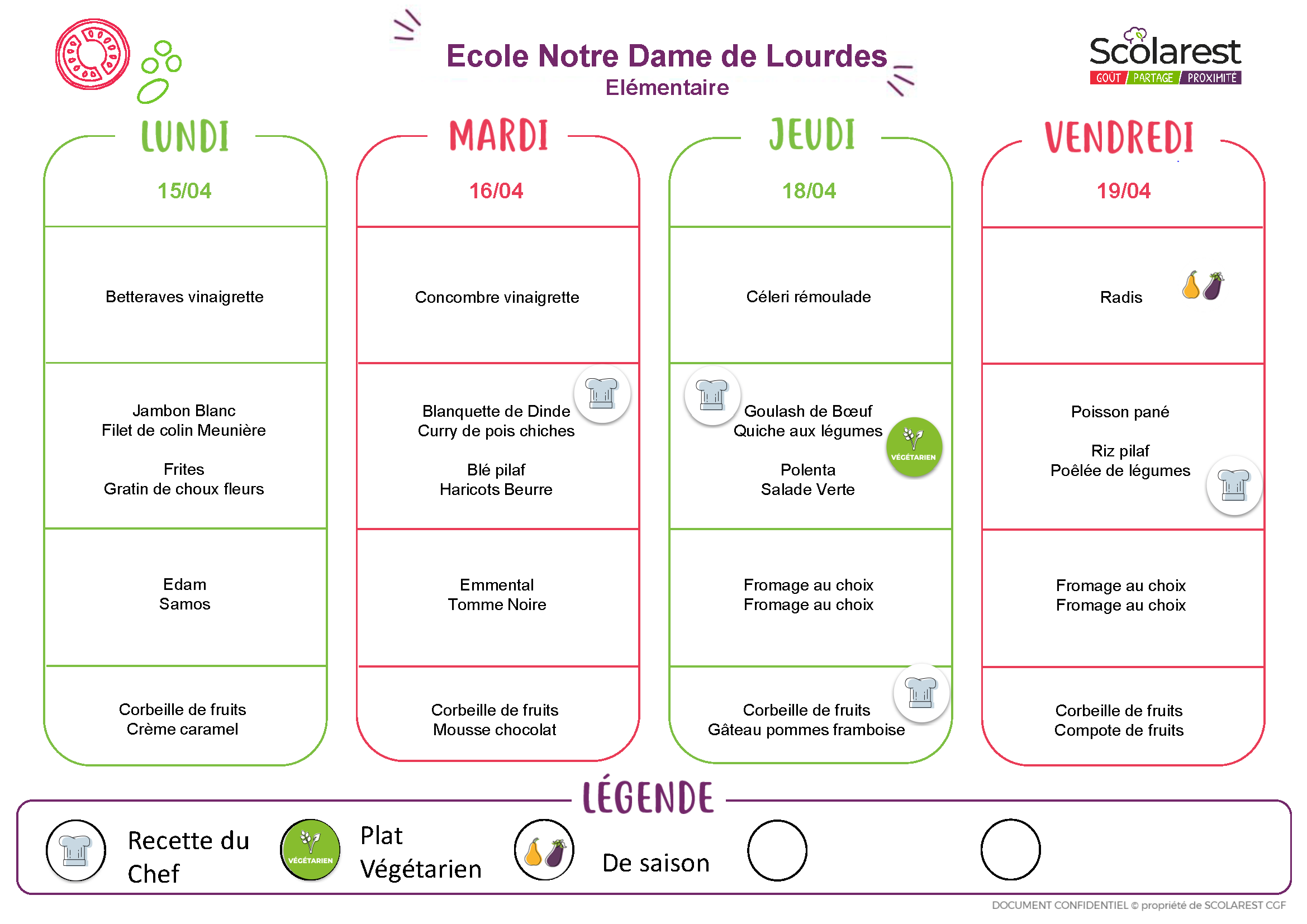 Menus de la cantine élémentaire – Ecole Notre-Dame de Lourdes Nantes